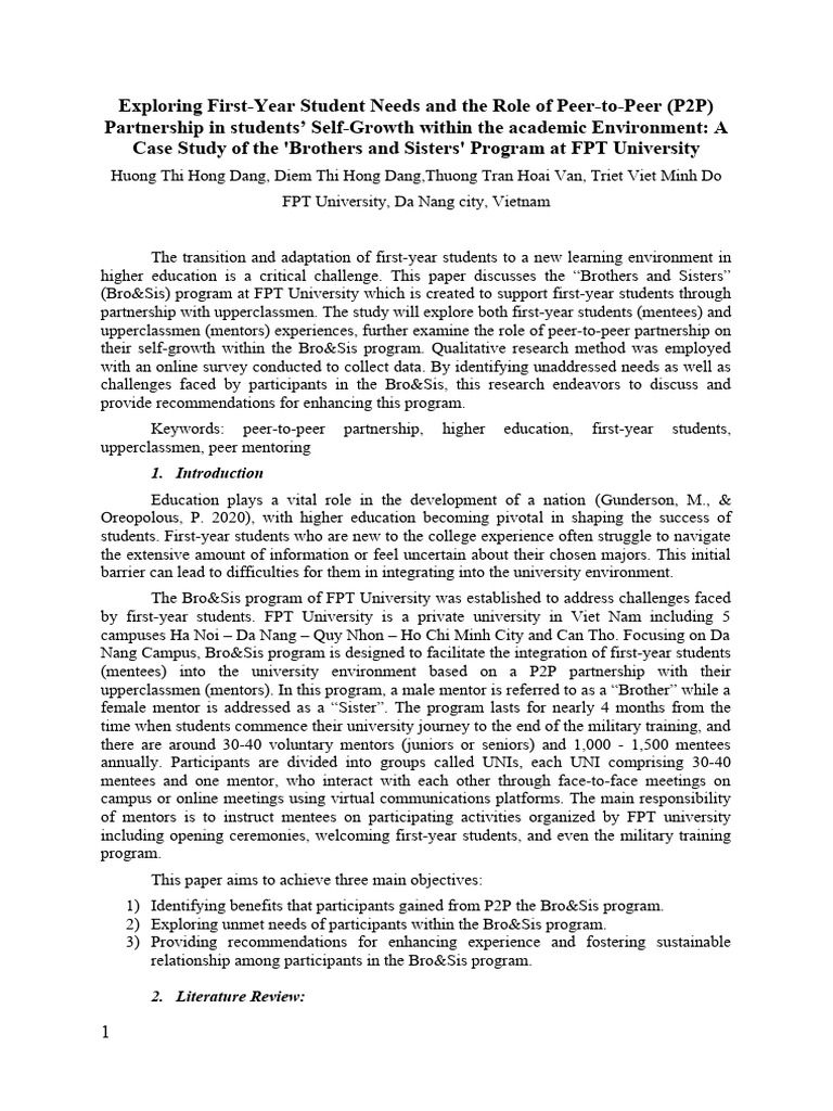 Exploring First-Year Student Needs and the Role of Peer-to-Peer (P2P ...