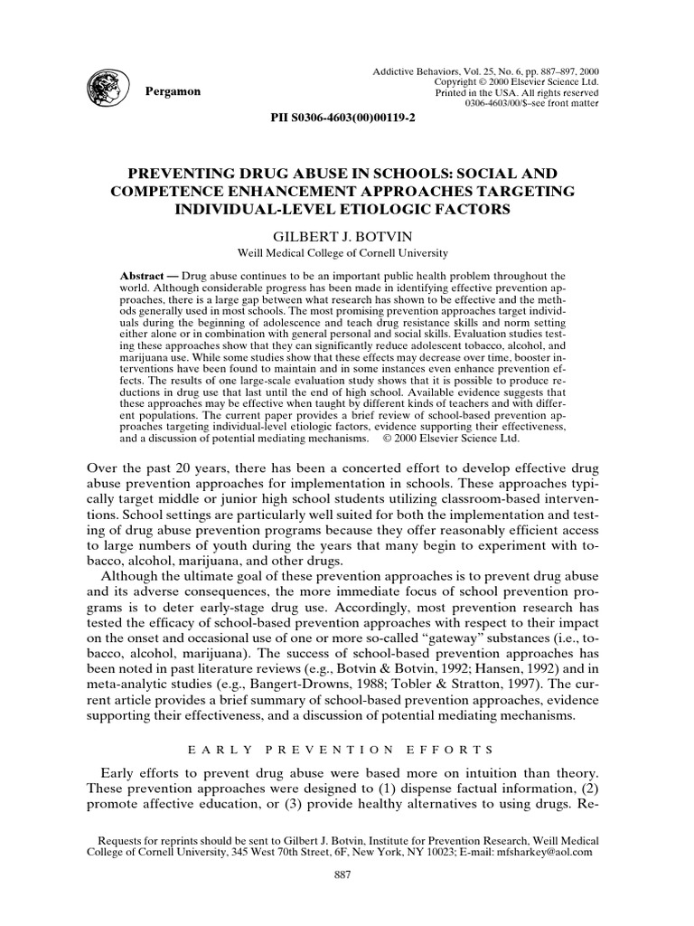Preventing Drug Abuse in Schools Social and Competence Enhan - 2000 ...
