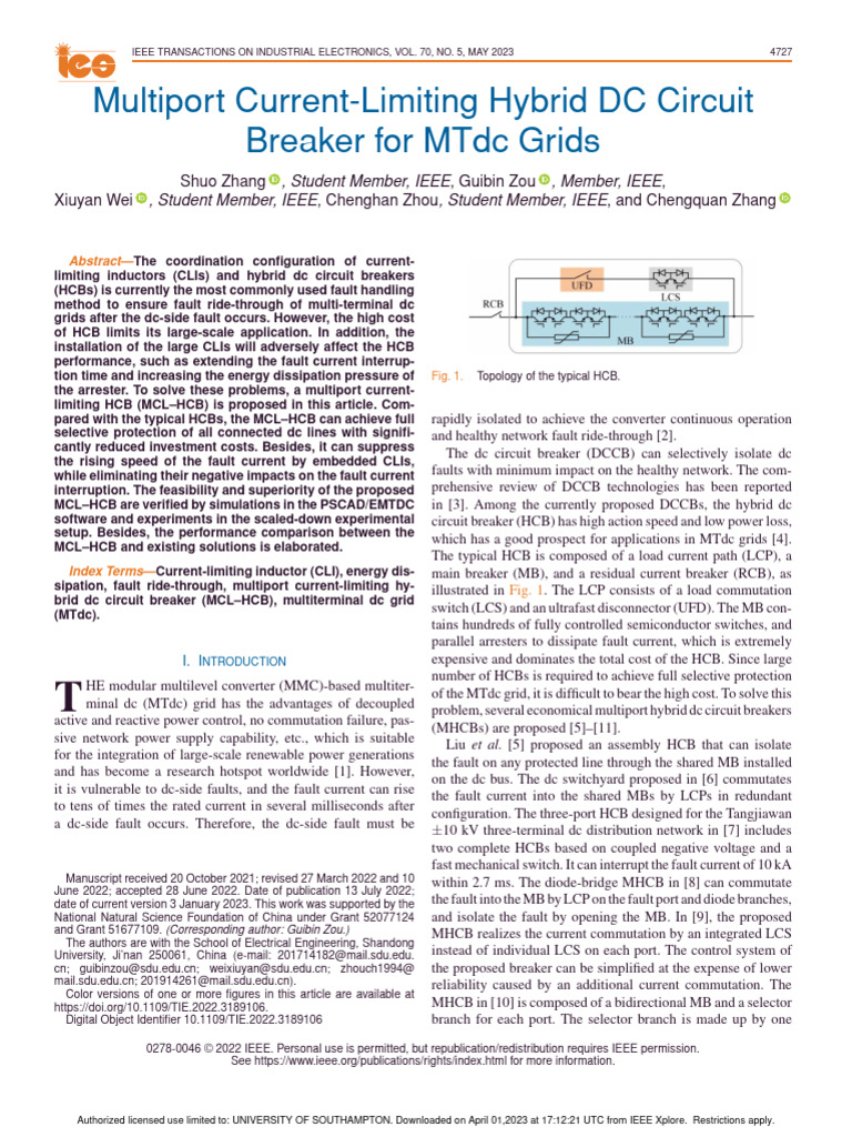 Multiport Current-Limiting Hybrid DC Circuit Breaker For MTDC Grids | Download Free PDF | Power ...