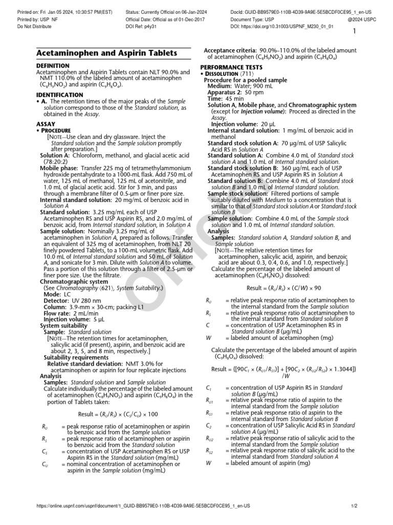 Acetaminophen and Aspirin Monograph | PDF | Aspirin | Acid