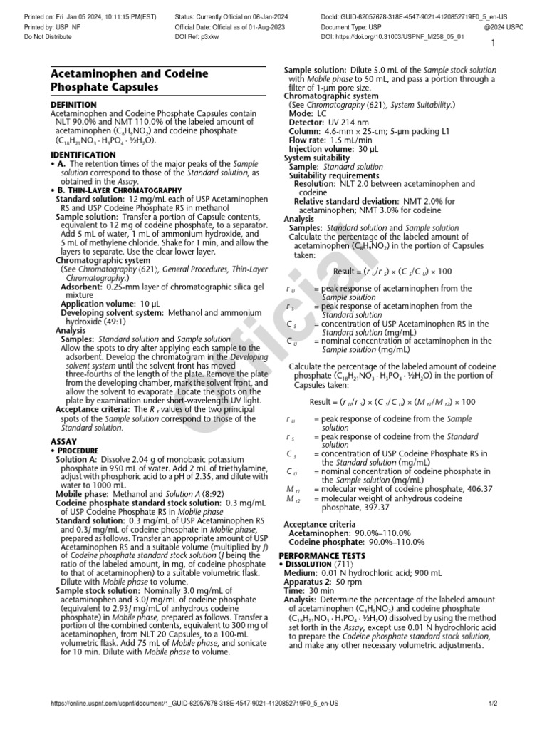 Acetaminophen and Codeine Phosphate Capsules_USP | PDF | Chromatography | Concentration
