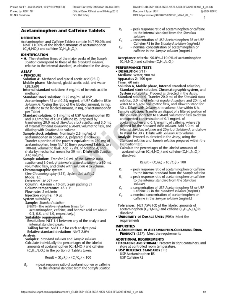 Acetaminophen and Caffeine Tablets - USP | PDF | Chromatography | Concentration