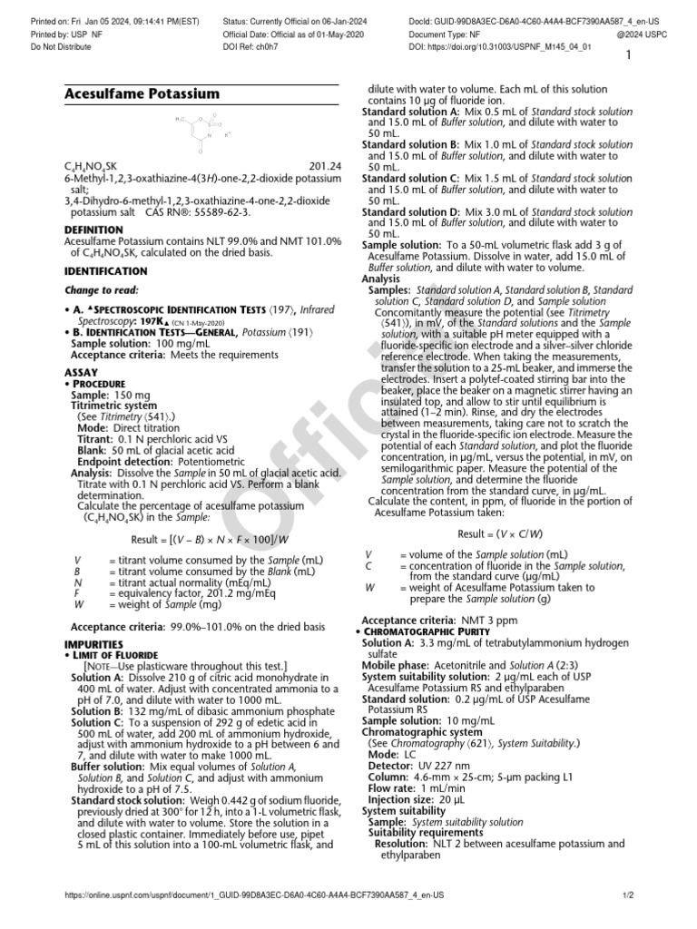 Acesulfame Potassium USP | PDF | Titration | Chemistry