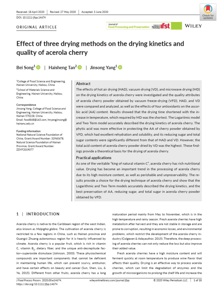 Effect of Three Drying Methods On The Drying Kinetics and Qualit of Acerola Cherry | PDF ...