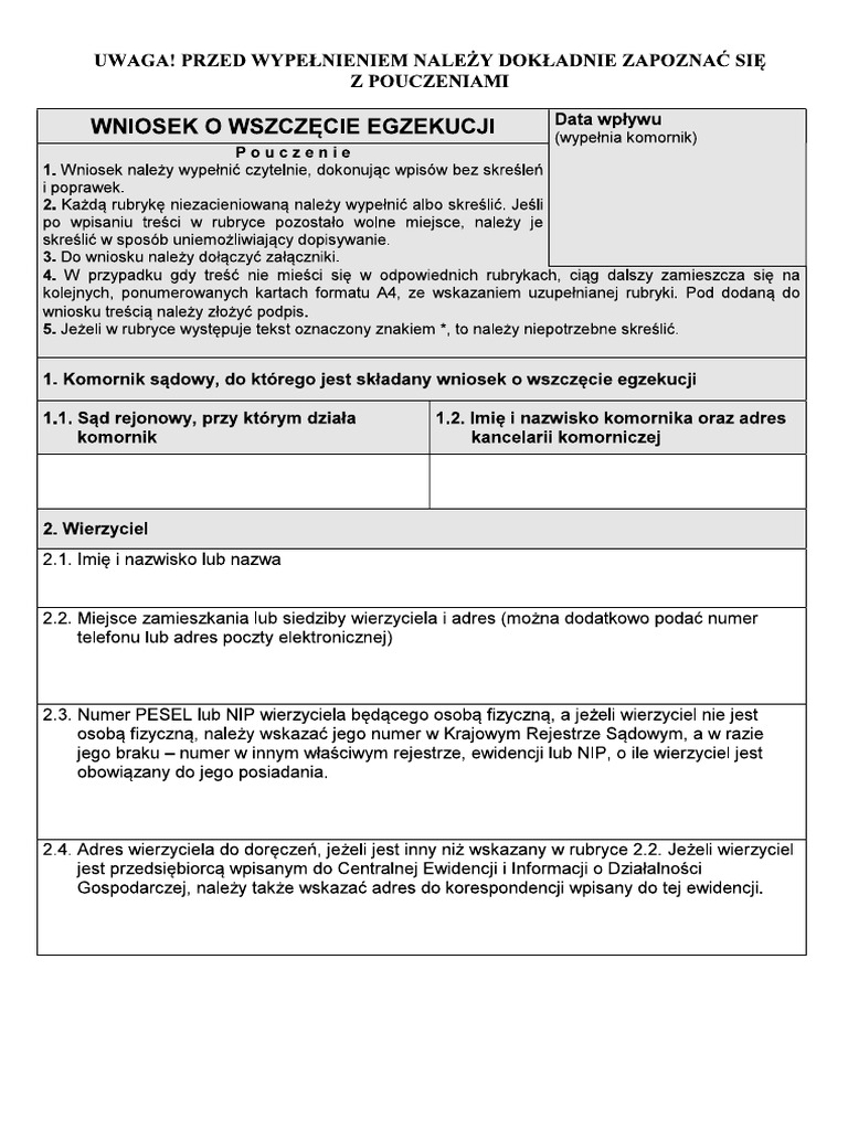 Wniosek o Wszczecie Egzekucji | PDF
