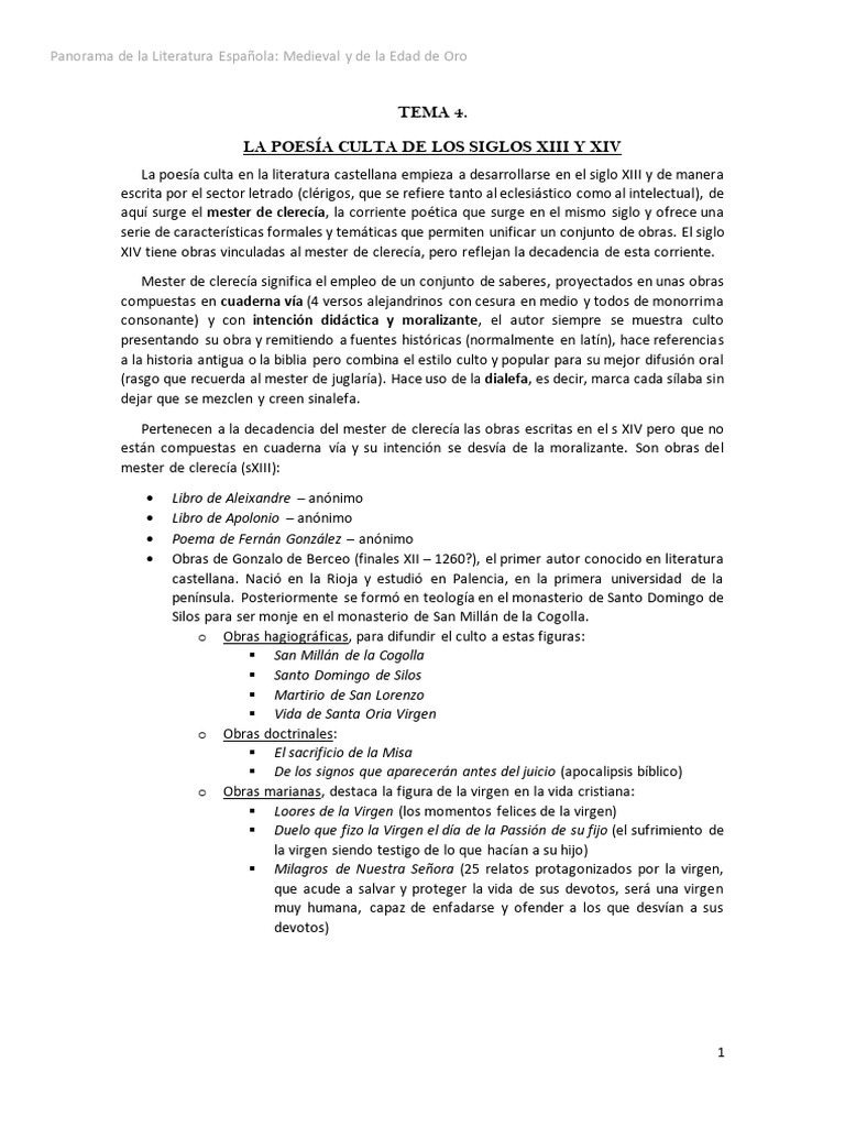 Tema 4. La Poesía Culta de Los Siglos Xiii y Xiv | PDF | Literatura ...