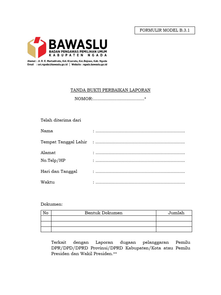 Formulir Model b.3.1 Tanda Bukti Perbaikan Laporann | PDF Formulir Model b.3.1 Tanda Bukti Perbaikan Laporann | PDF
