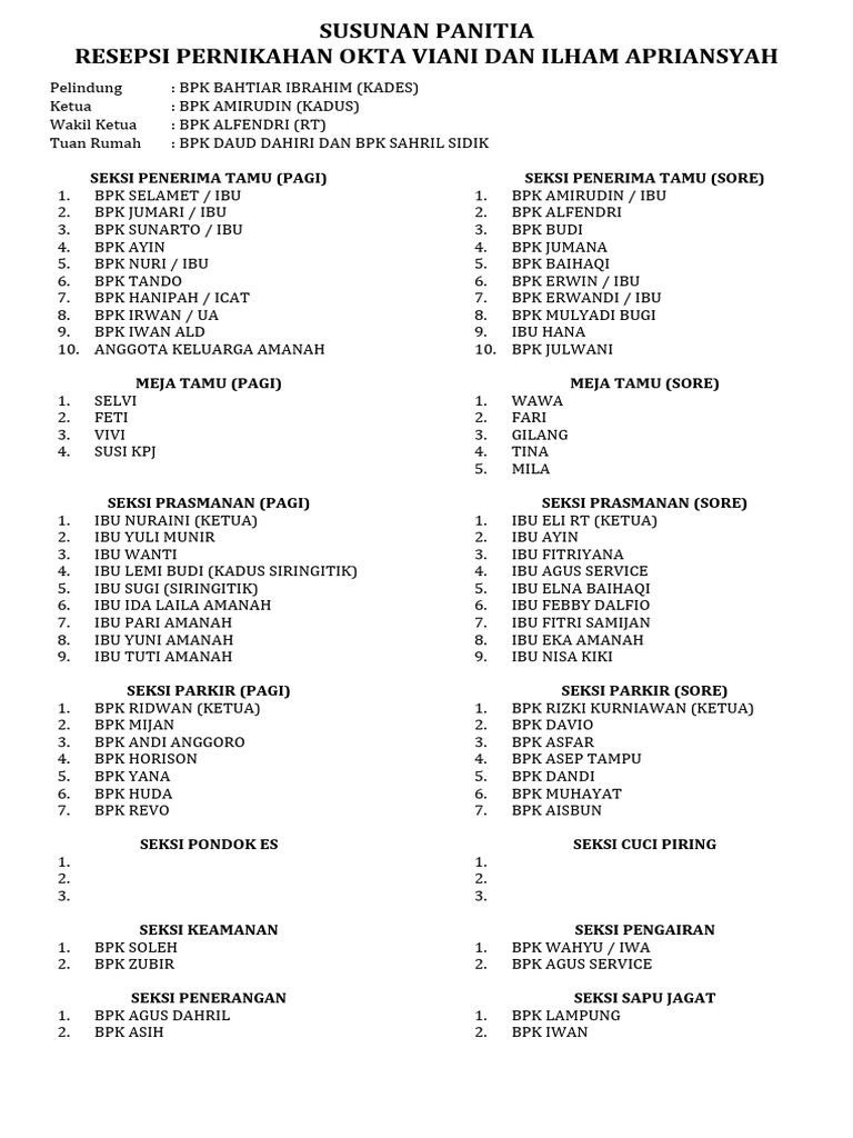 Susunan Panitia Okta Viani Dan Ilham Apriansyah | PDF