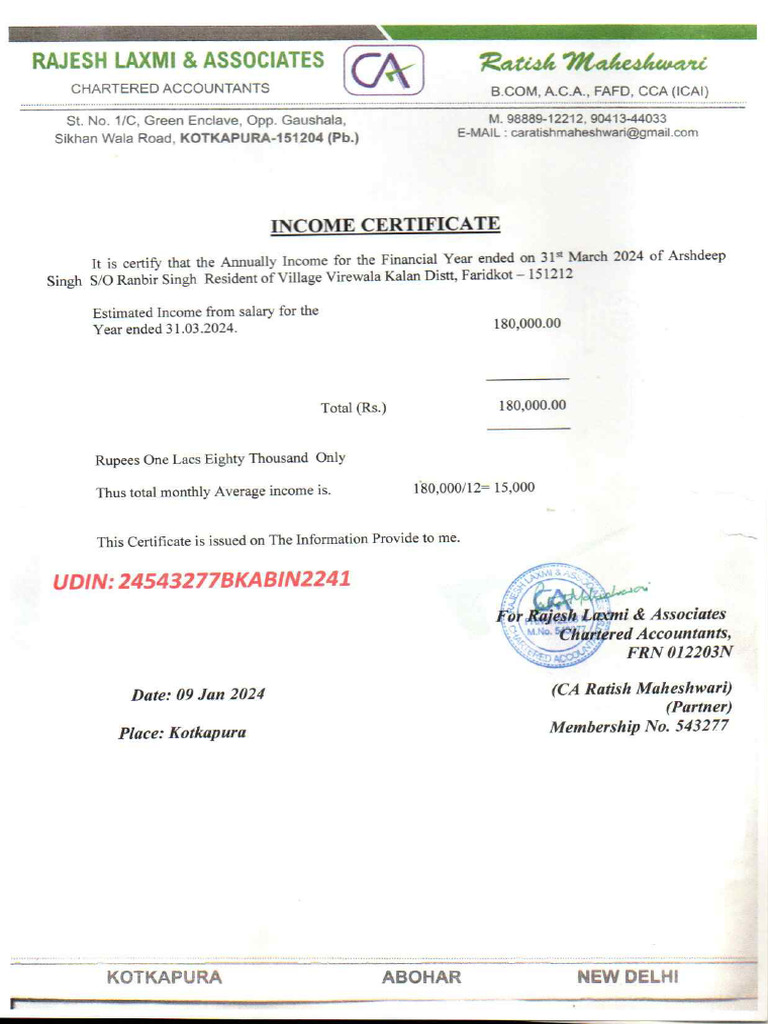 Arsh Income Certificate and Ca Report | PDF