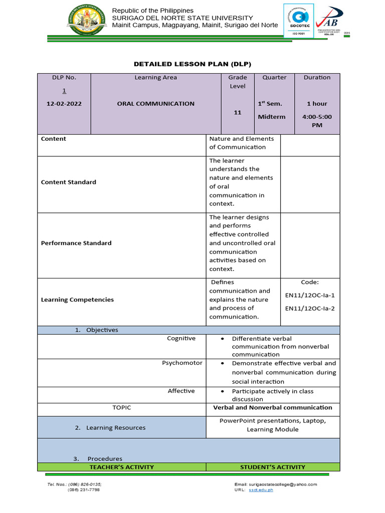 Lesson Plan | PDF | Nonverbal Communication | Communication