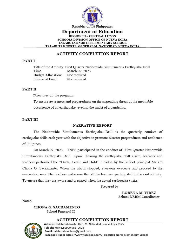 Earthquake Drill Report 2023 | PDF | Emergency Management | Disasters
