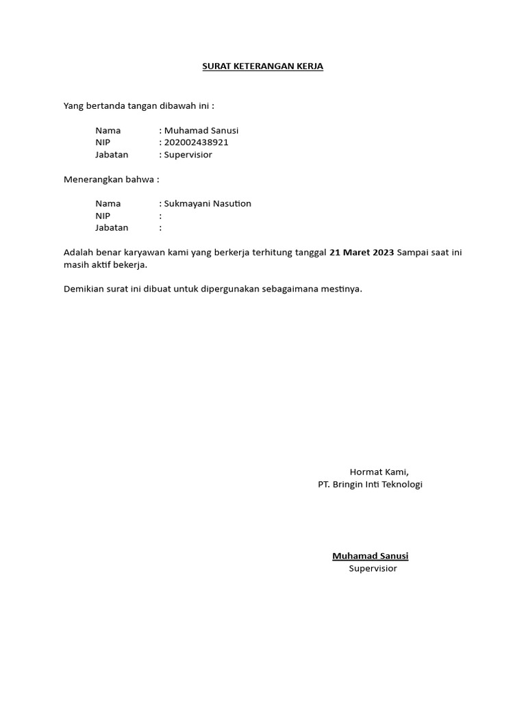 Surat Keterangan Kerja | PDF