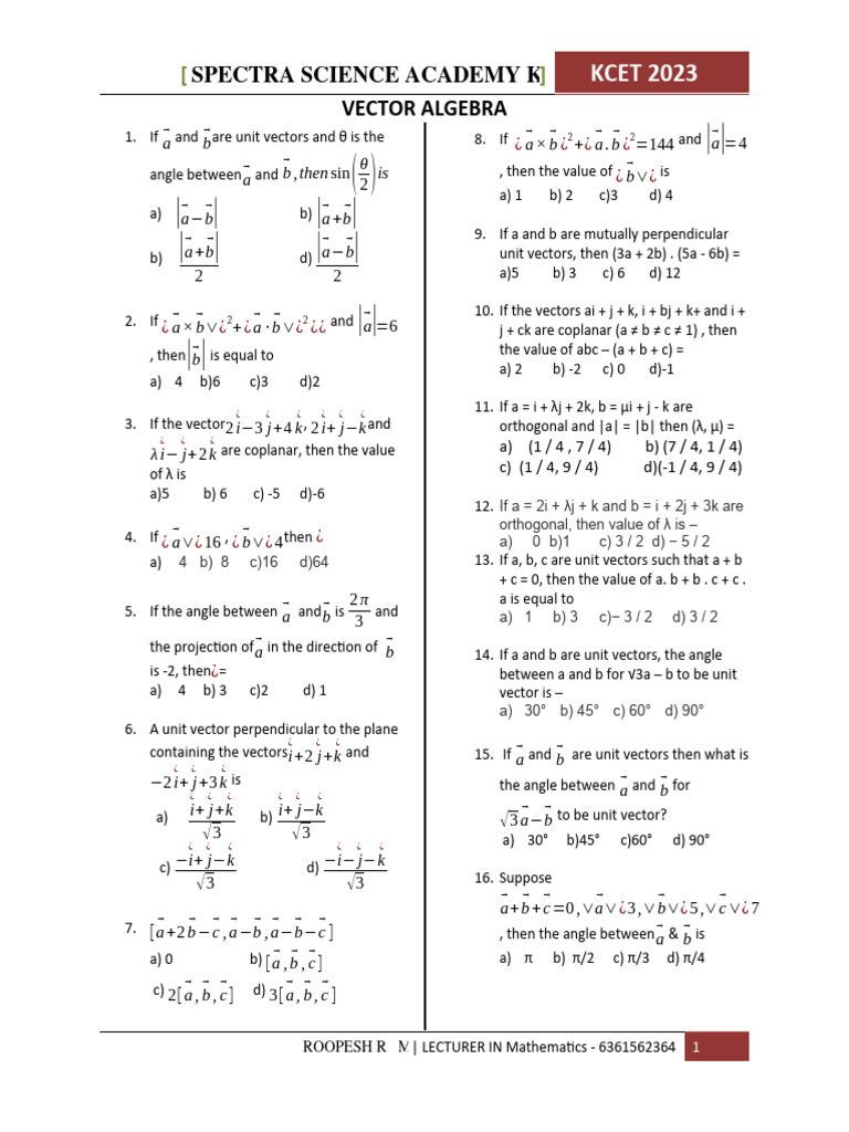 2ND Pu Kcet Mathematics Vector Algebra | PDF | Euclidean Vector | Mathematical Objects