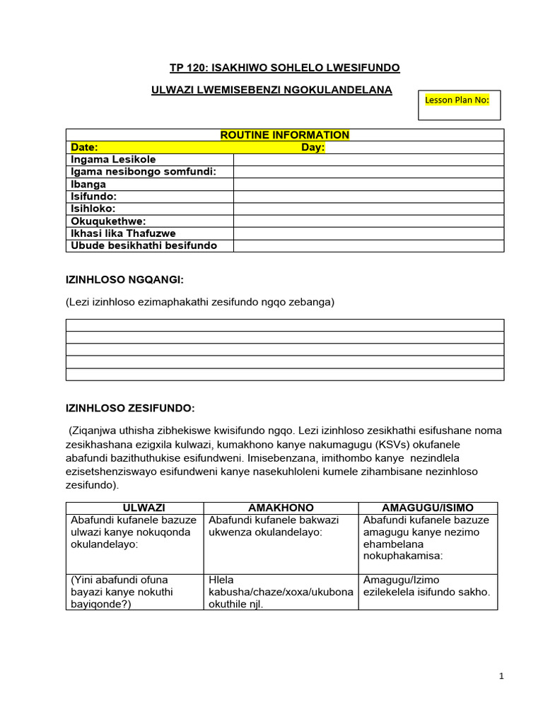 Isizulu Lesson Plan Template | PDF