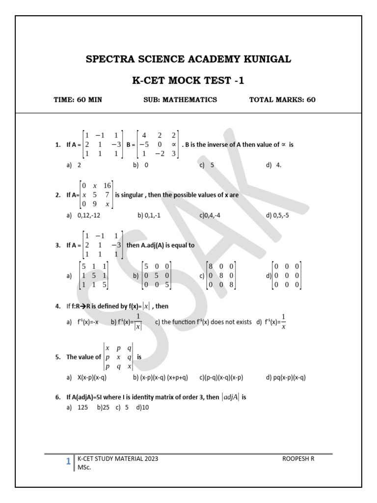 2nd PU KCET TEST -1 | PDF | Mathematical Objects | Functions And Mappings