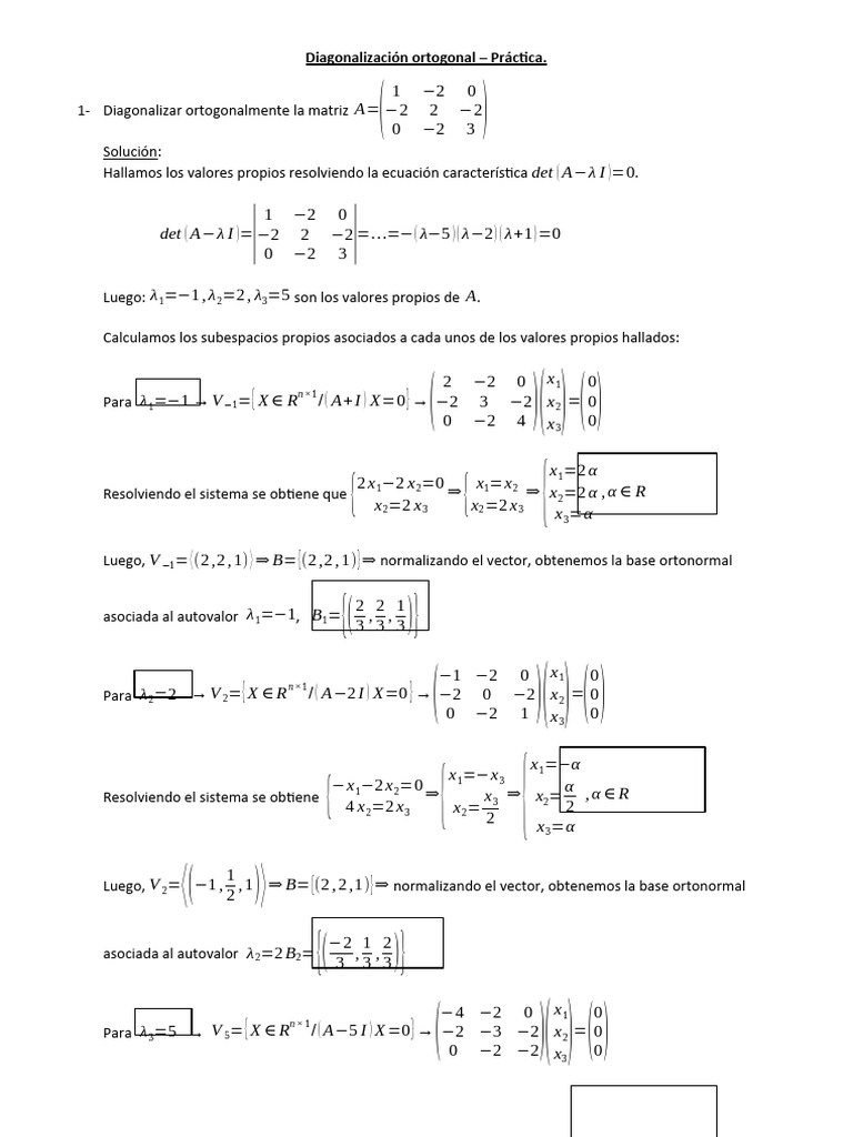 Diagonalización ortogonal - Practica | PDF | Valores propios y vectores propios | Factorización