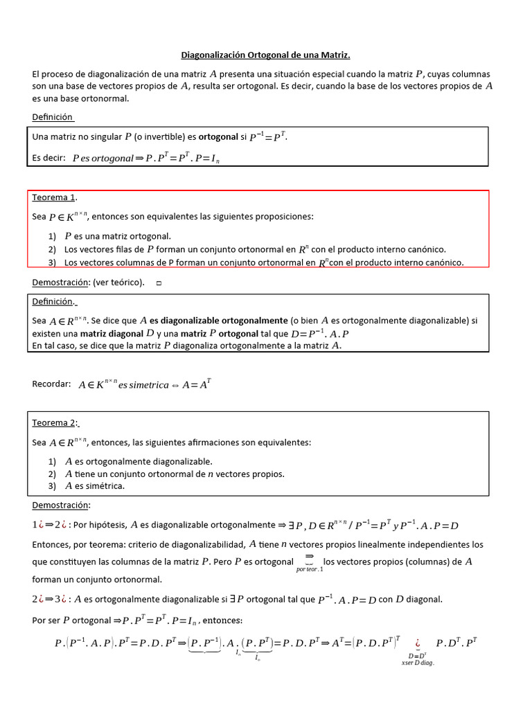 Diagonalización Ortogonal de Una Matriz | PDF | Valores propios y vectores propios | Matriz ...