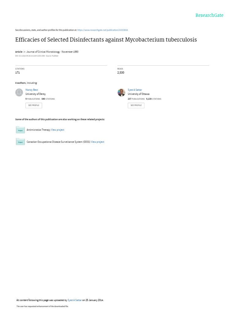Efficacies of Selected Disinfectants Against Mycob | PDF | Disinfectant ...