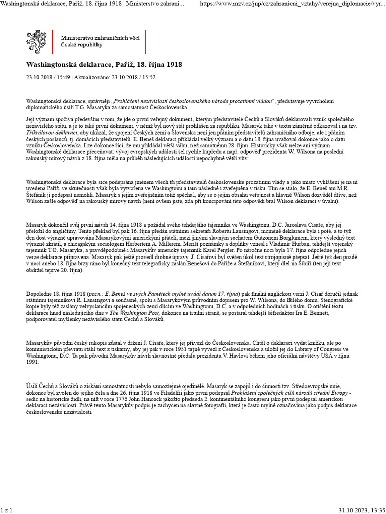 Washingtonska Deklarace Paríz 18 - Rijna 1918 Ministerstvo Zahranicnich ...
