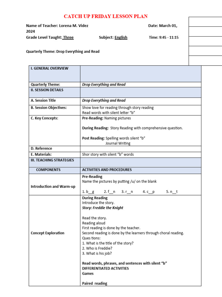 Catch Up Friday Lesson Plan-March 4, 2024 | PDF | Lesson Plan | Learning Methods
