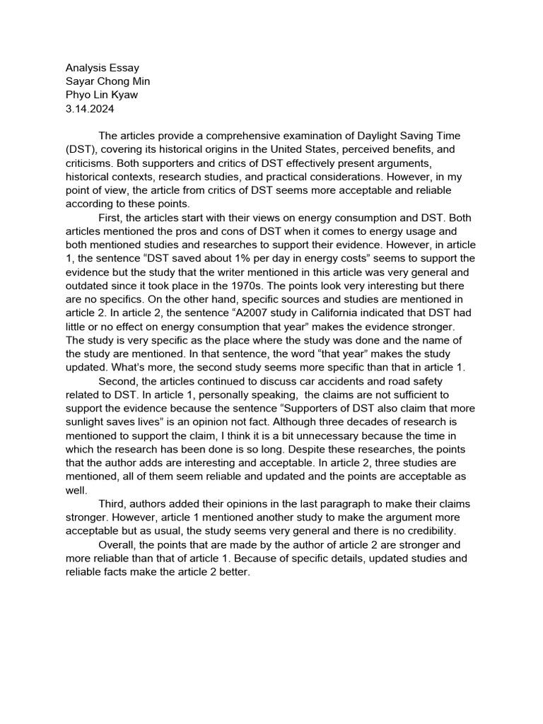 Analysis Essay (SFA) | Download Free PDF | Daylight Saving Time