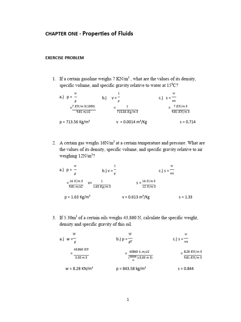 Chapter One Properties of Fluids Exercis-1 | PDF | Pressure | Pressure Measurement