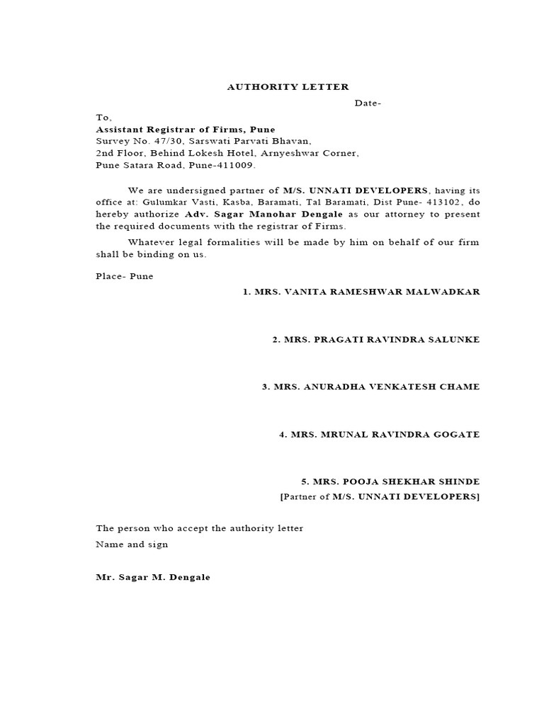 AUTHORITY LETTER For Partnership Firm | PDF