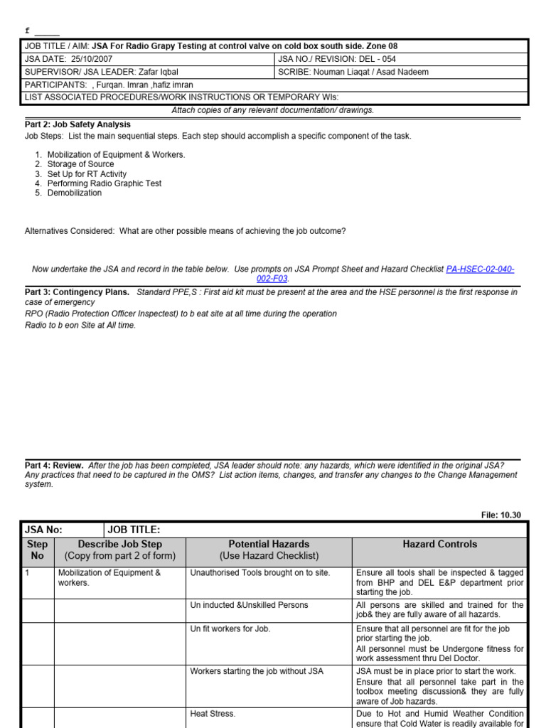 DEL - 054 JSA For Radiography | PDF | Safety | Occupational Safety And ...