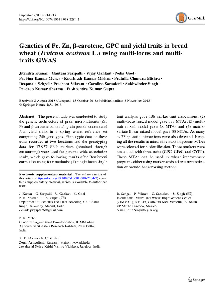 GWAS of Nutritional Traits in Wheat | PDF | Genome Wide Association ...