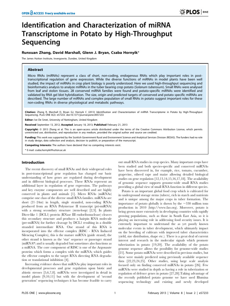 Identification and Characterization of MiRNA Transcriptome in Pottao by HIGH-THROUGHPUT ...