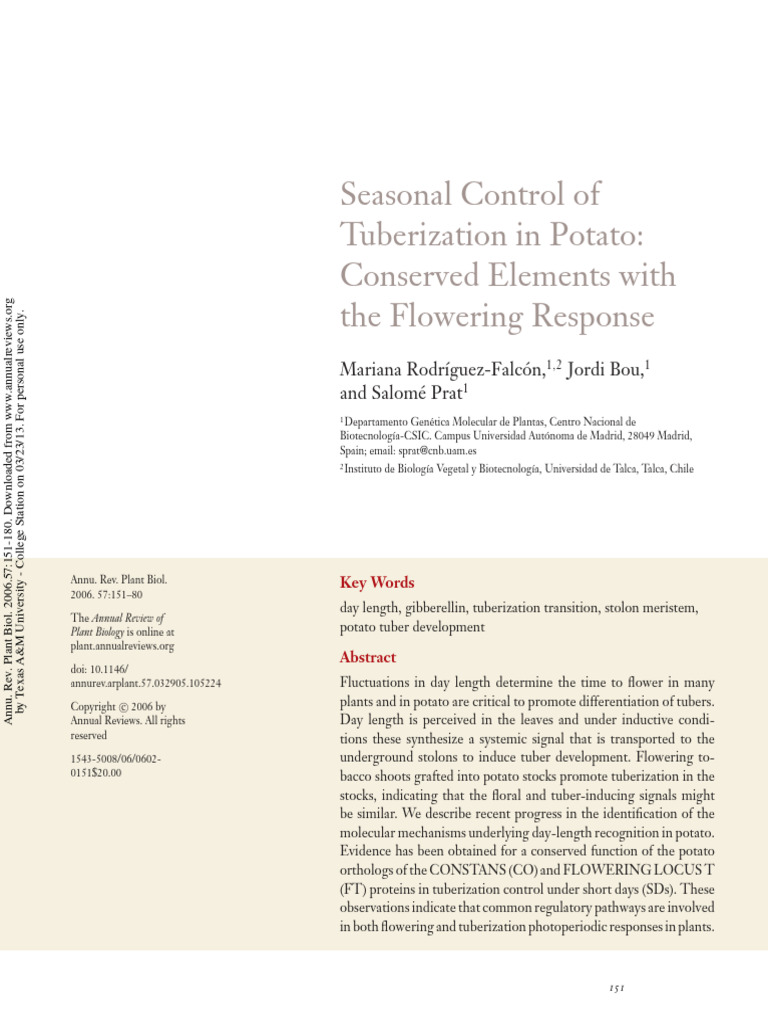 Seasonal Control of Tuberization in Potato_ Conserved Elements With the Flowing Response | PDF ...