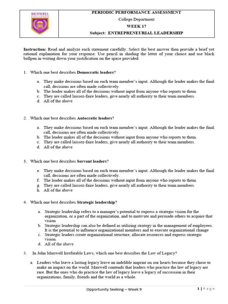 ENTREPRENEURIAL LEADERSHIP Week 16 - FINAL EXAM | PDF | Leadership ...