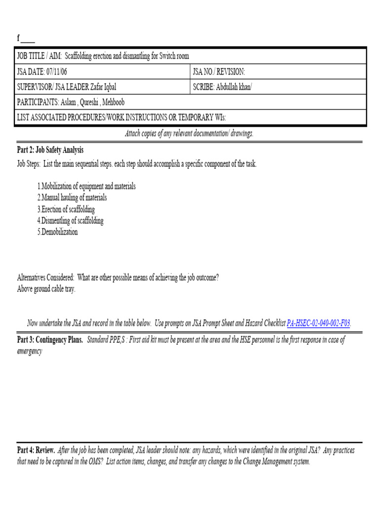 JSA For Scaffolding Erection and Dismentling at Ko Drum | PDF ...