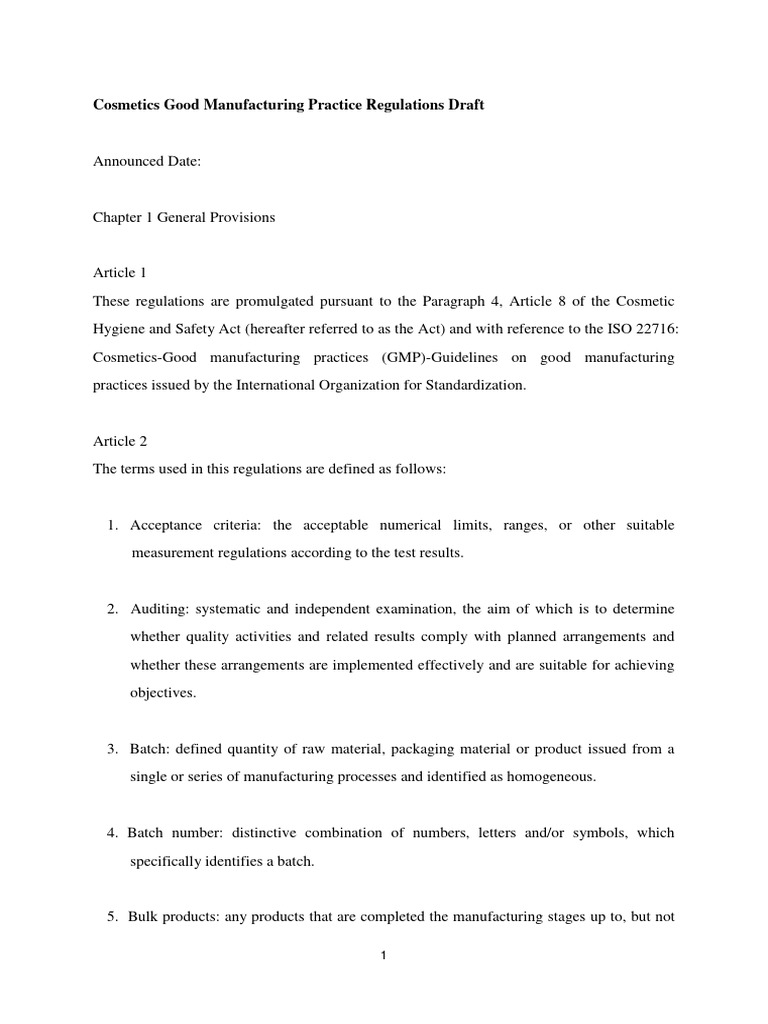 Cosmetics Good Manufacturing Practice Regulations Draft | PDF ...