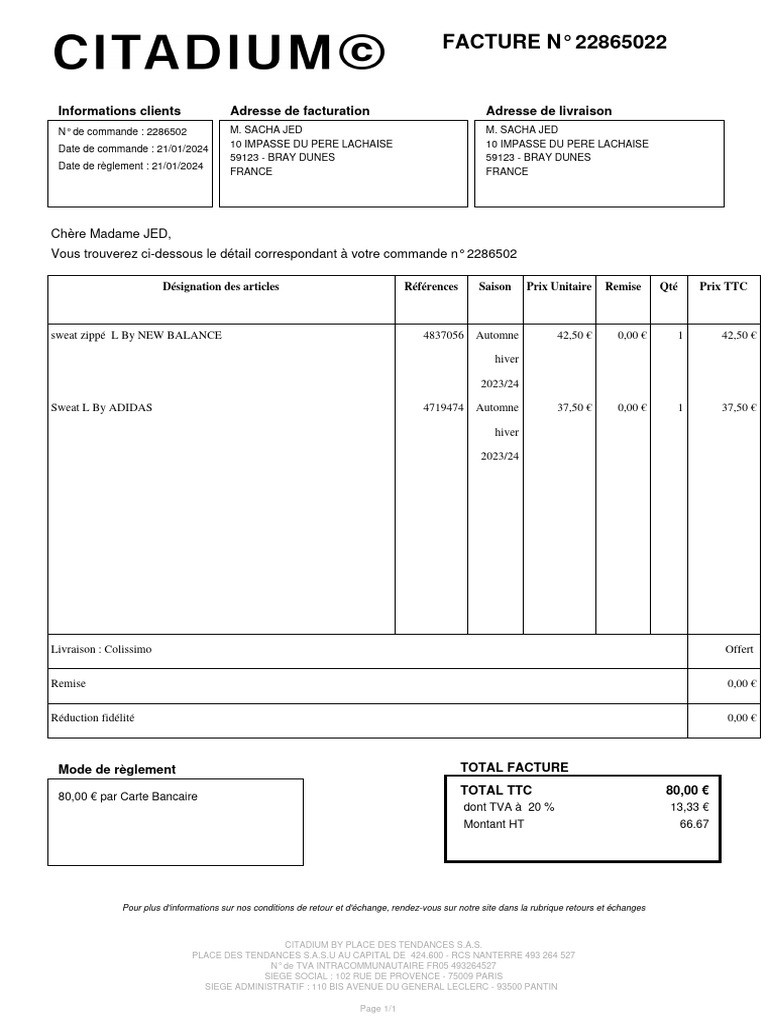 Facture N° 22865022 - M. Sacha Jed | PDF | Taxe sur la valeur ajoutée ...