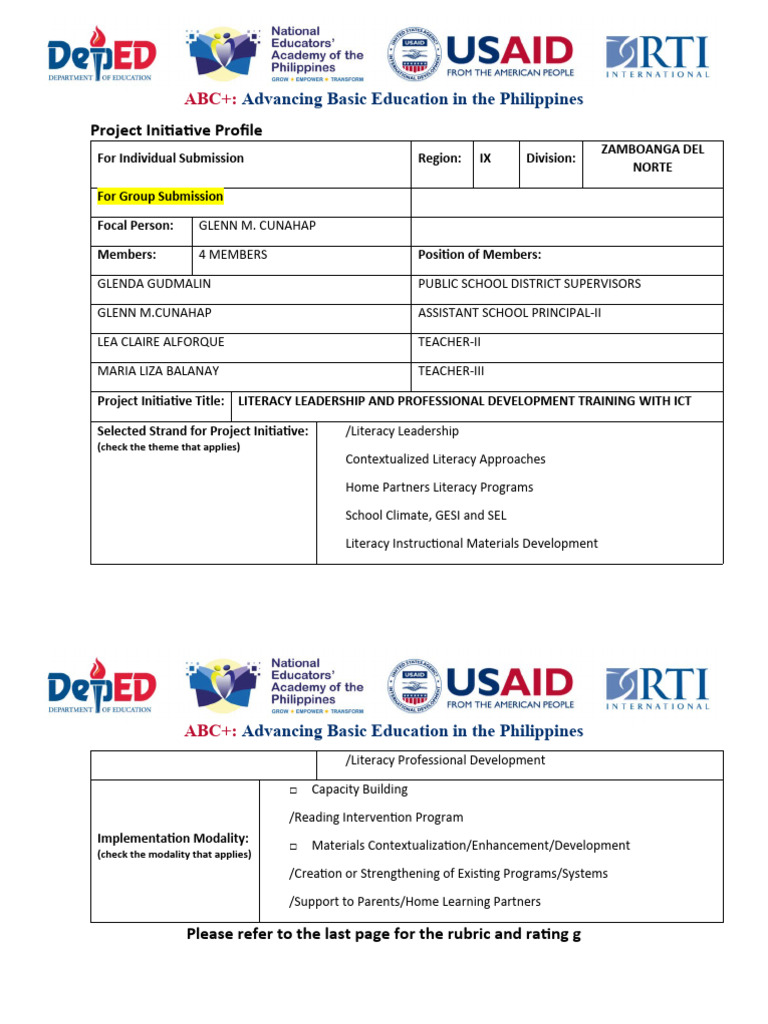 Project Initiative Plan Sample LLNHS | PDF | Literacy | Teachers