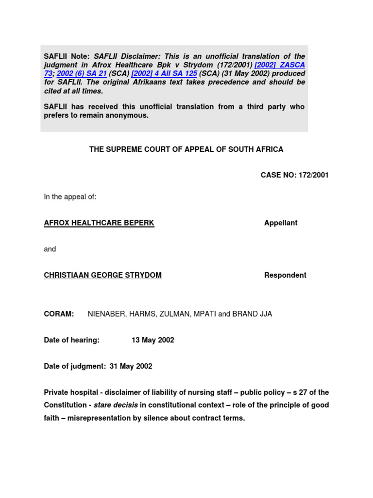 Afrox Healthcare v Strydom Liability Case | PDF | Precedent | Common Law