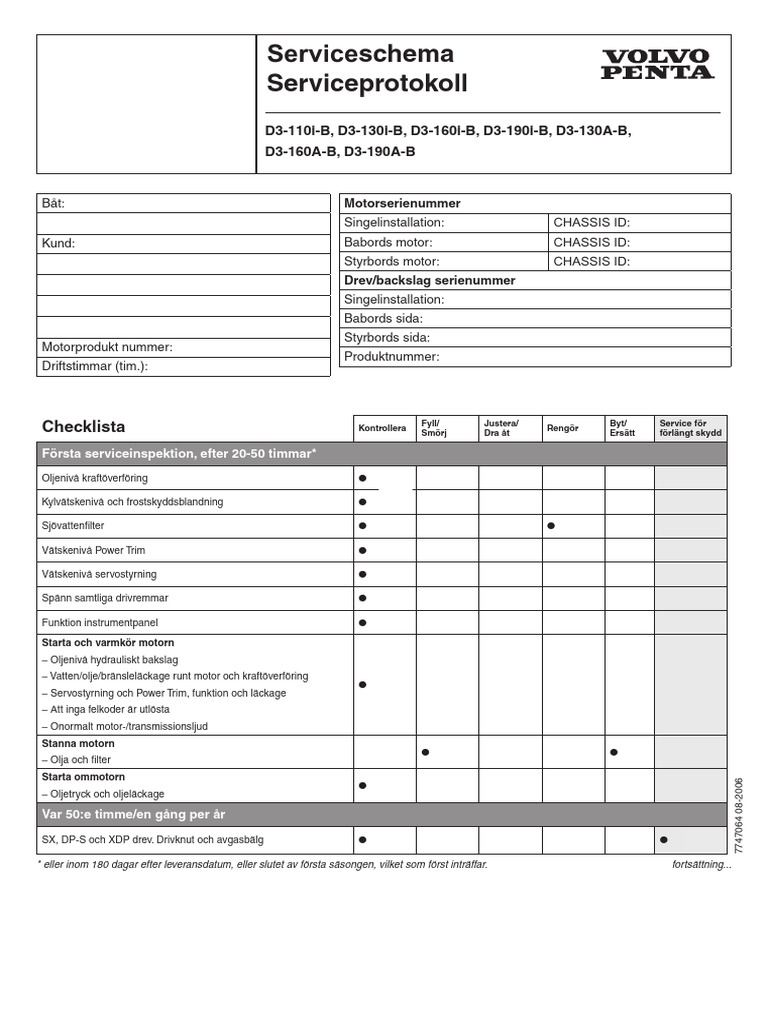 Serviceschema Serviceprotokoll - Volvo Penta Service | PDF