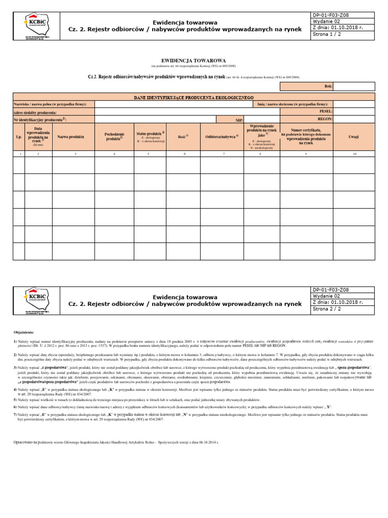 DP 01 F03 Z08 Ewidencja Towarowa Czesc 2 Rejestr Odbiorcow Nabywcow ...