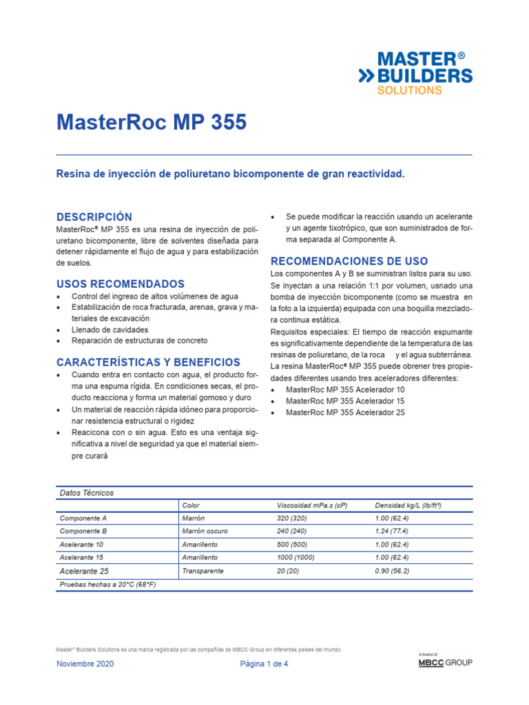 Masterroc MP 355 - Ficha Tecnica | PDF | Poliuretano | Agua