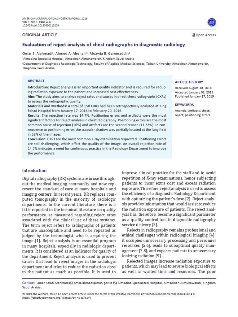 Evaluation of Reject Analysis of Chest Radiographs in Diagnostic ...