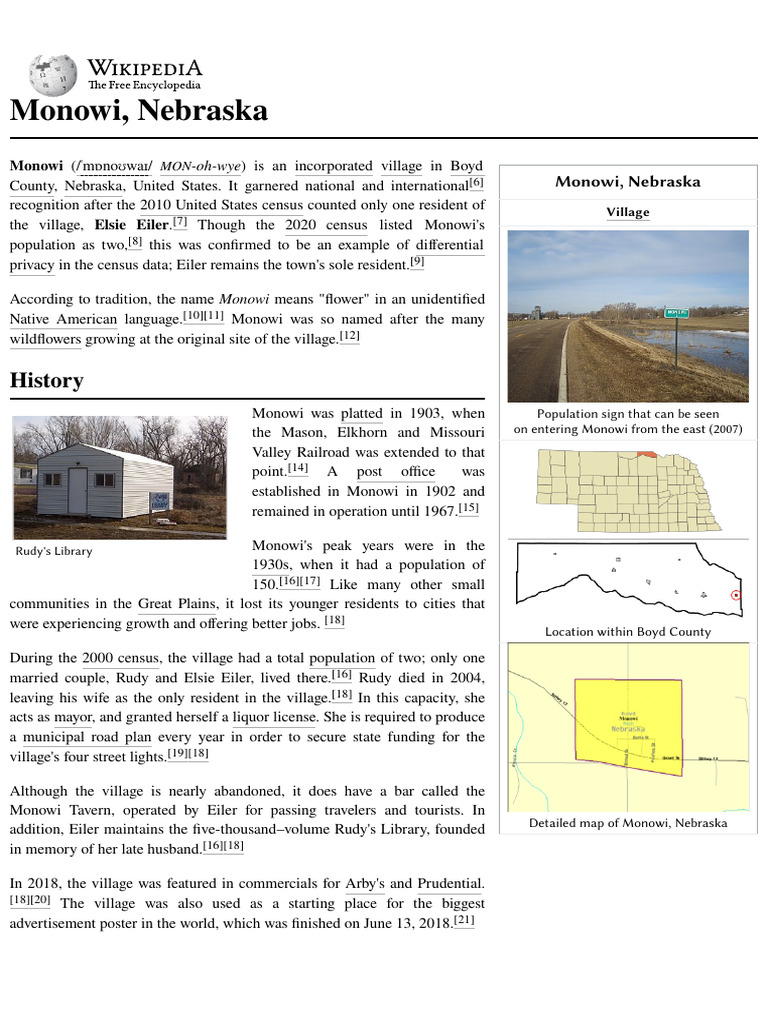 Monowi, Nebraska - Wikipedia | PDF