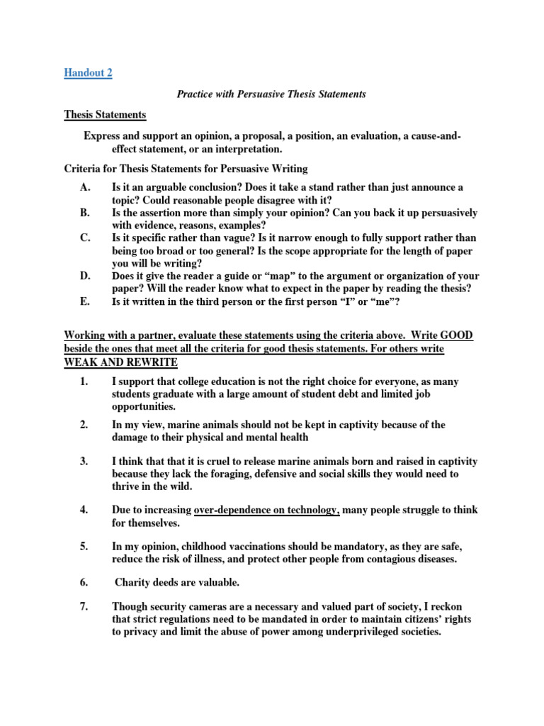 Handout 2 Persuasive Thesis St. Practice | PDF | Thesis | Violence
