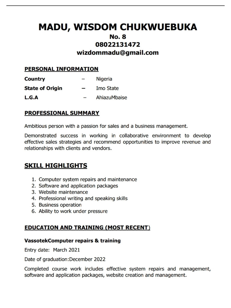 Madu Chukwuebuka Wisdom CV | PDF