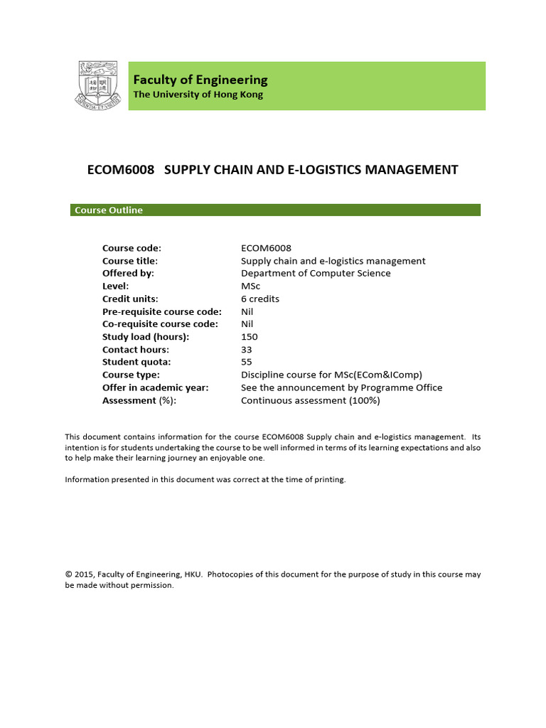 ECOM6008 Supply Chain Course Outline | PDF | Supply Chain Management ...