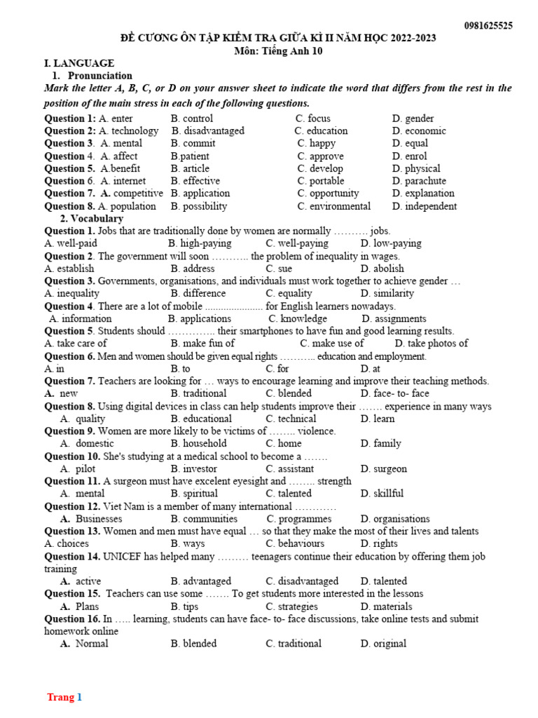 De Cuong On Tap Tieng ANH 10 Giua HK2 | PDF | Career & Growth | Wellness