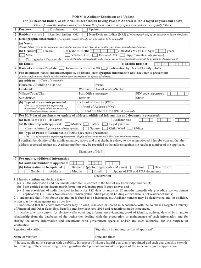 Aadhar Enrollment Form Age Above 18 | PDF
