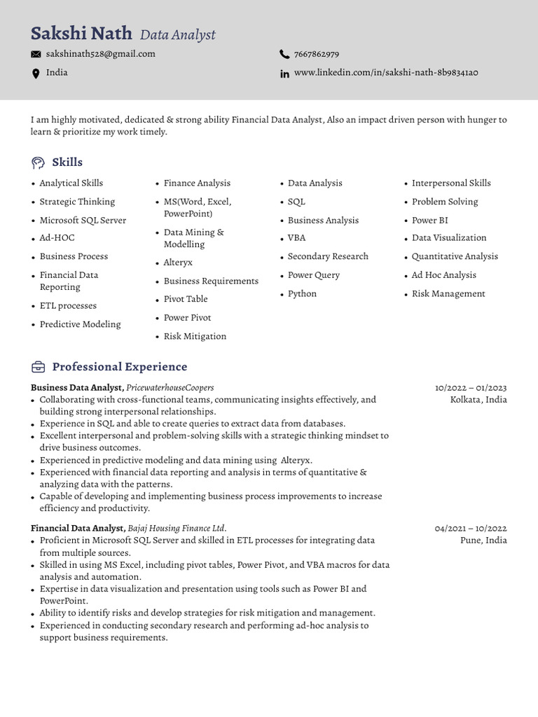 Sakshi Nath Resume | PDF | Data Analysis | Microsoft Excel
