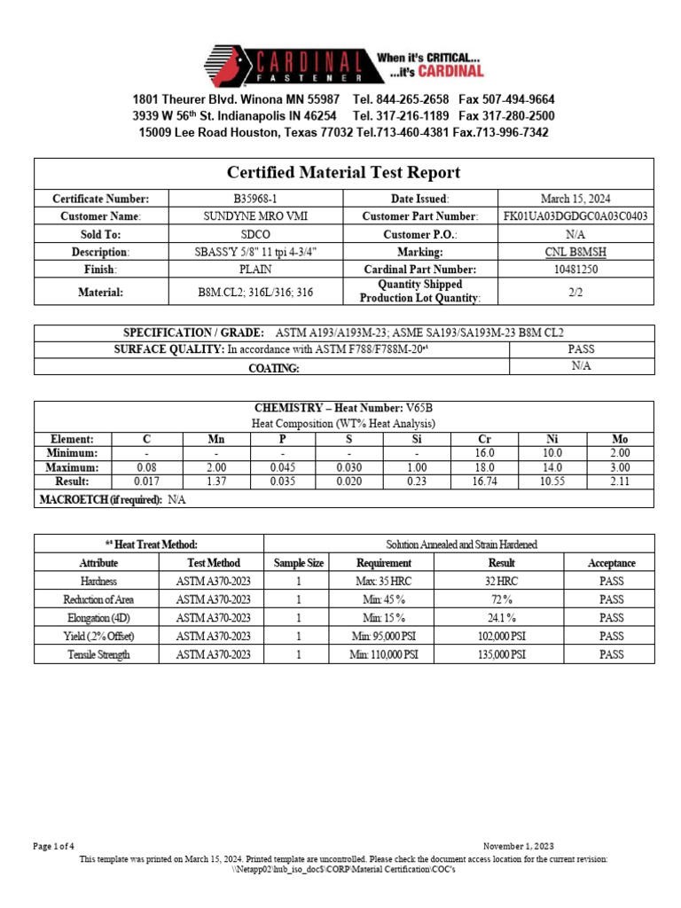 Certified Material Test Report | PDF | Hardness | Ultimate Tensile Strength