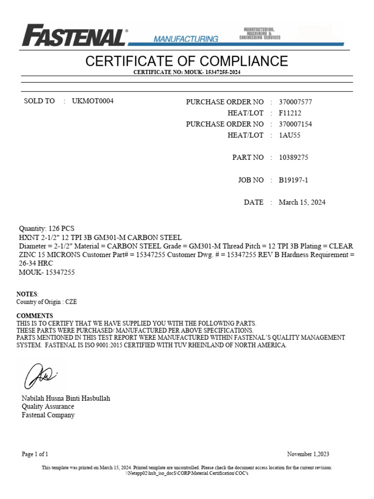 Certificate of Compliance | PDF | Screw | Specification (Technical ...